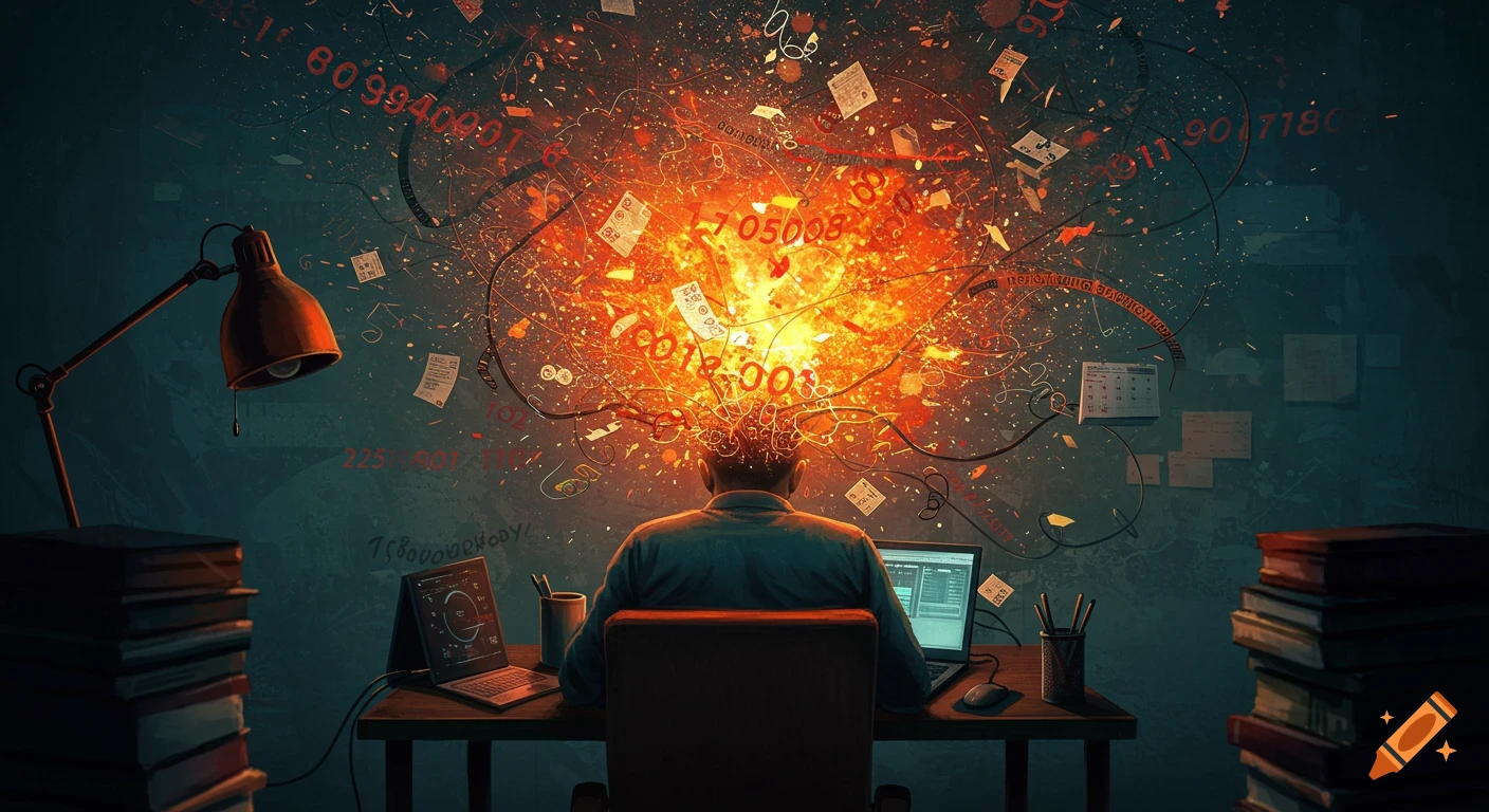 A person seen from behind sits at a desk, head exploding with a fiery ...