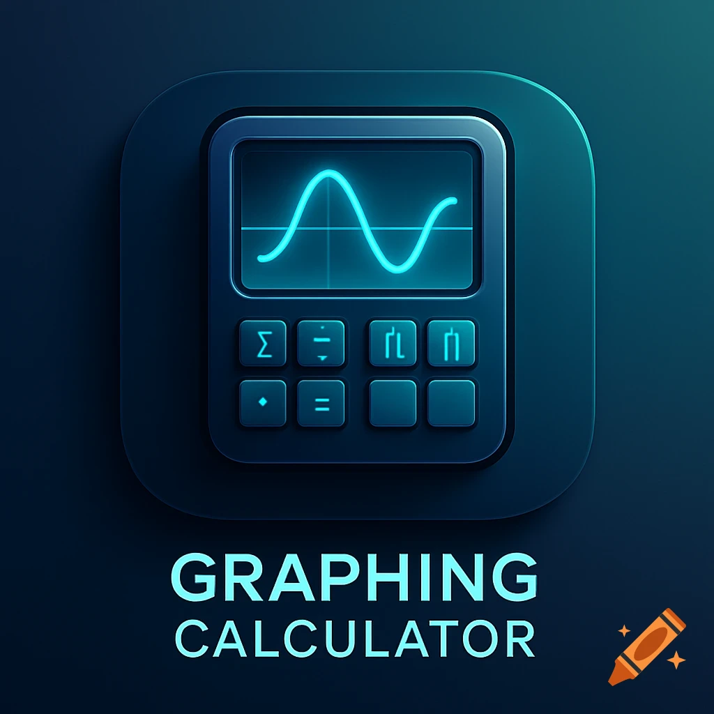 A stylized app logo for a graphing calculator, featuring a blue glowing ...