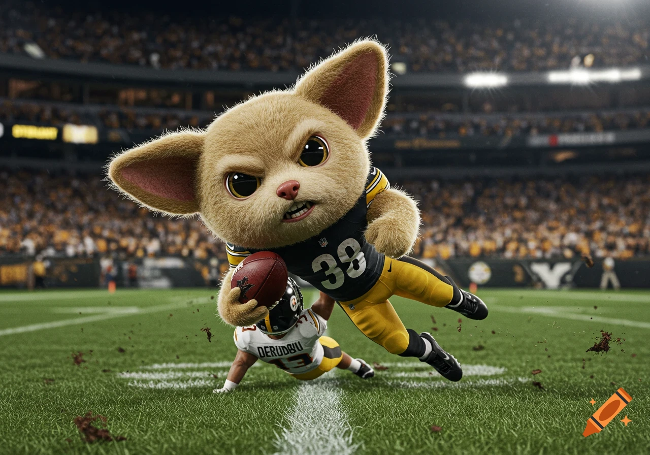 A cute, fluffy creature in a Steelers football uniform running with a ...