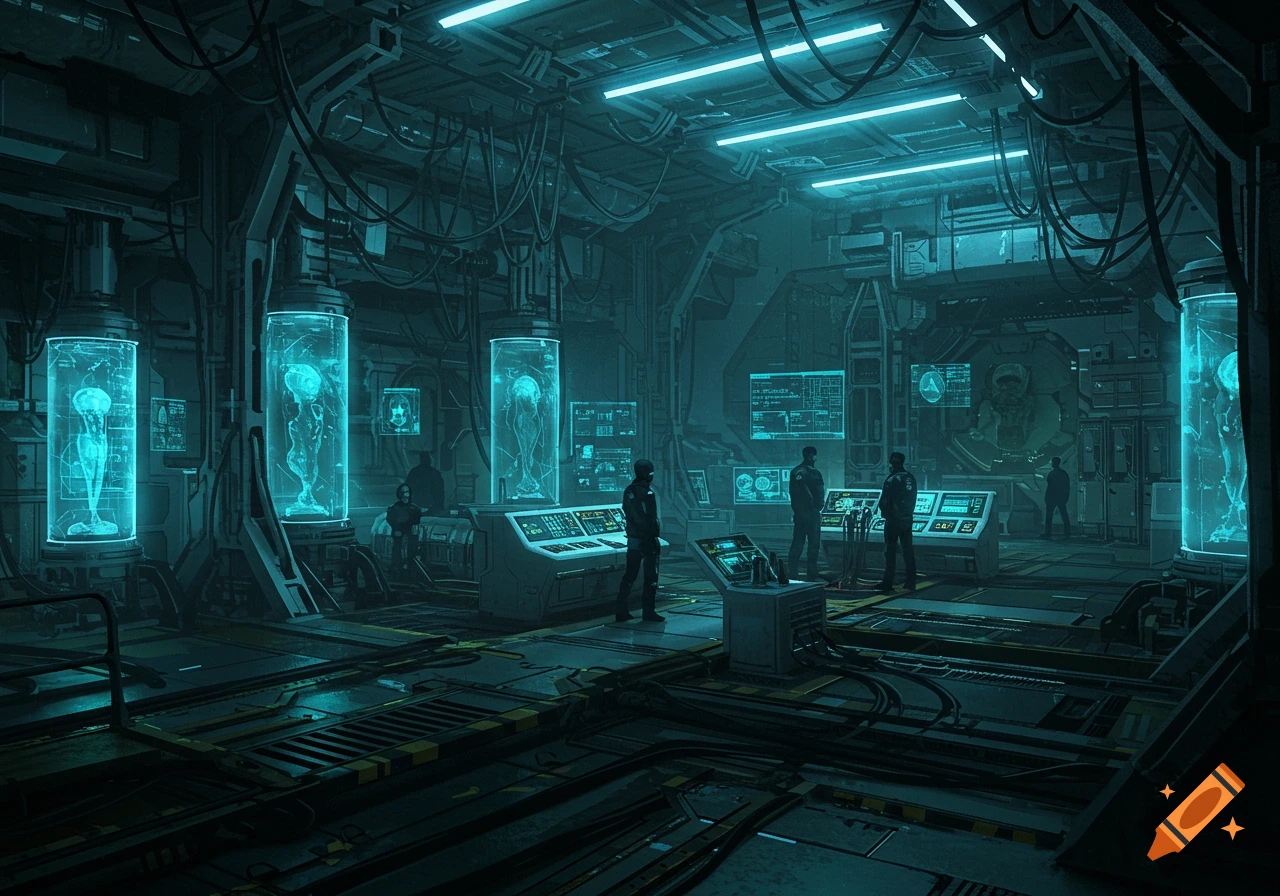 A dark, futuristic laboratory with turquoise neon lights, multiple ...
