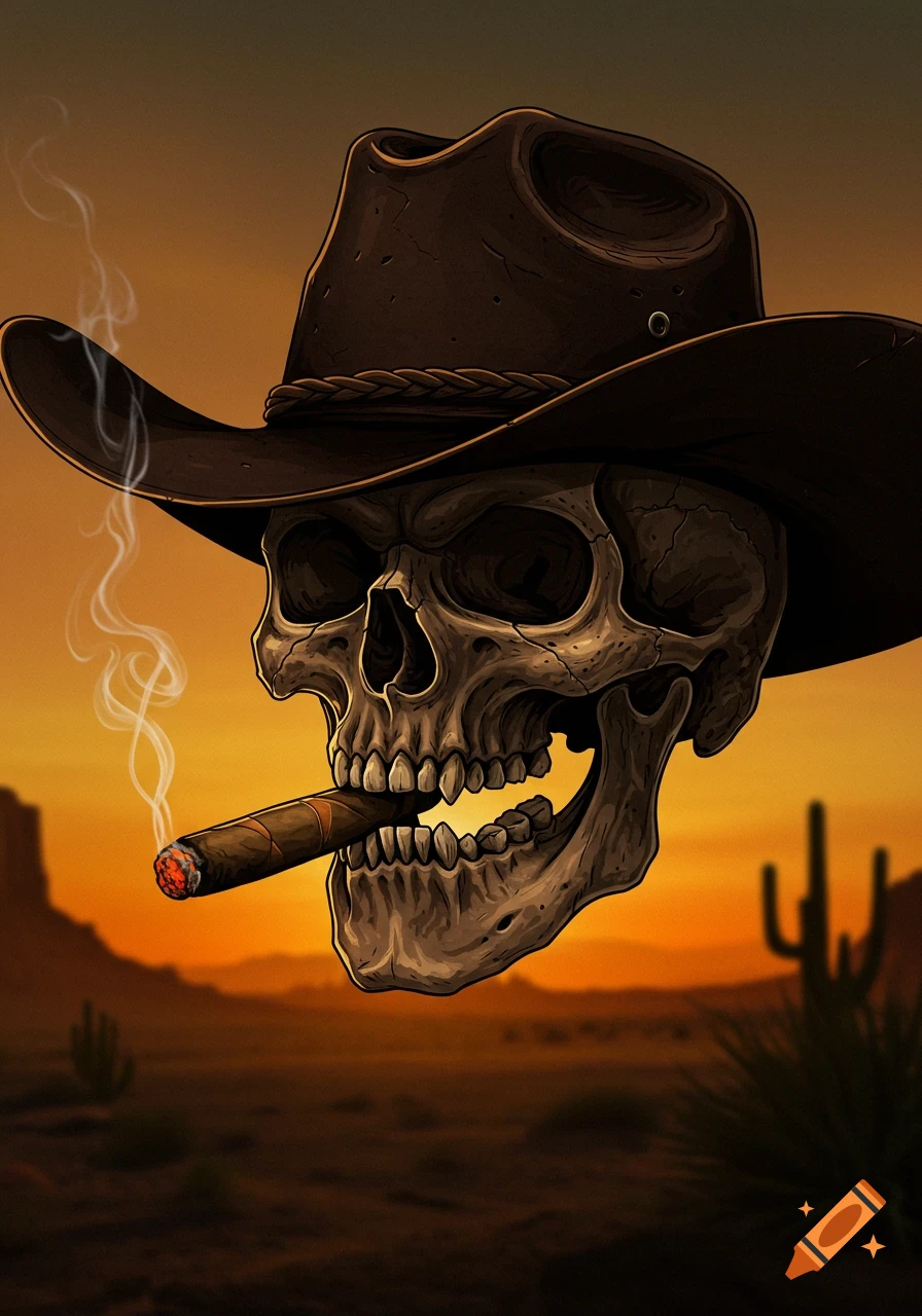 Stylized skull wearing a cowboy hat, smoking a cigar, perched on a ...