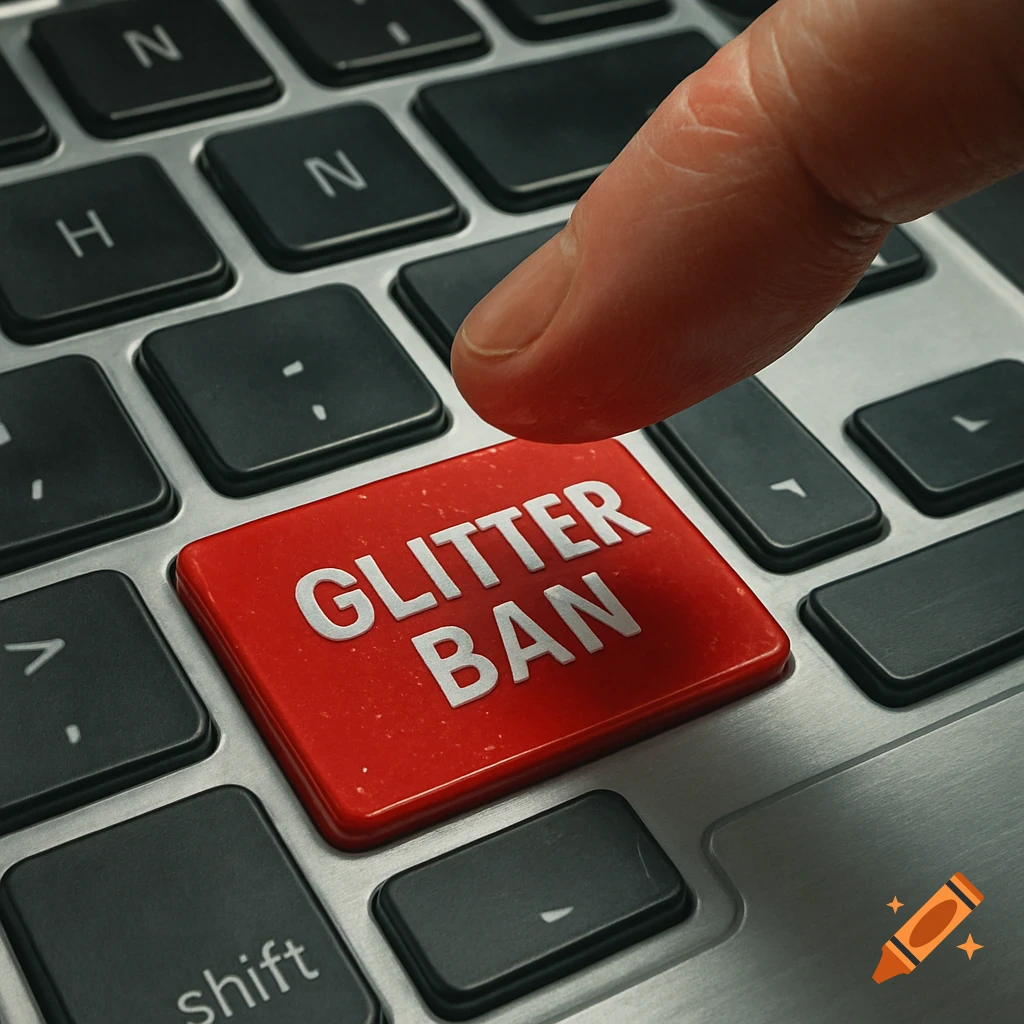 Close-up, photorealistic image of a finger hovering over a red 'GLITTER ...