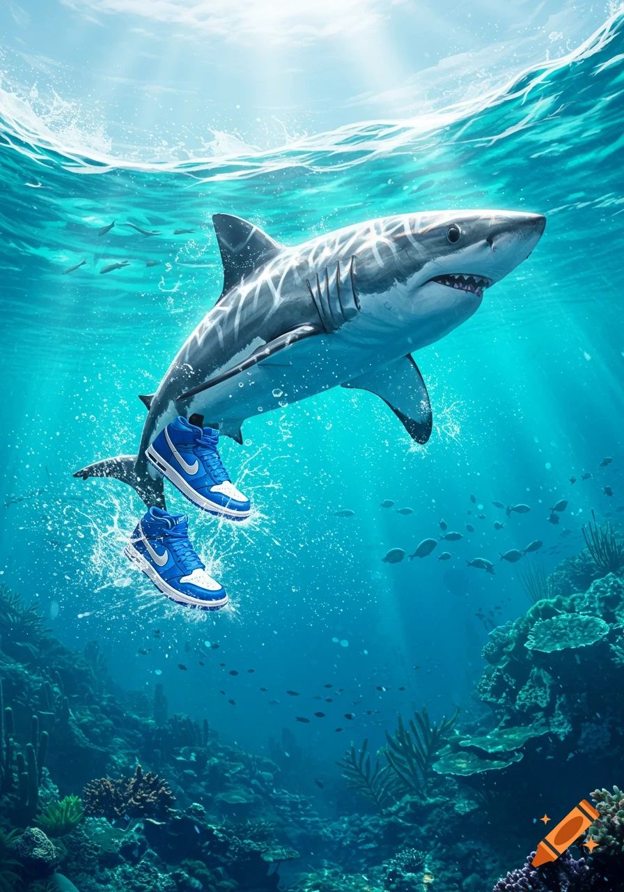 A great white shark swims underwater, holding three pairs of blue ...