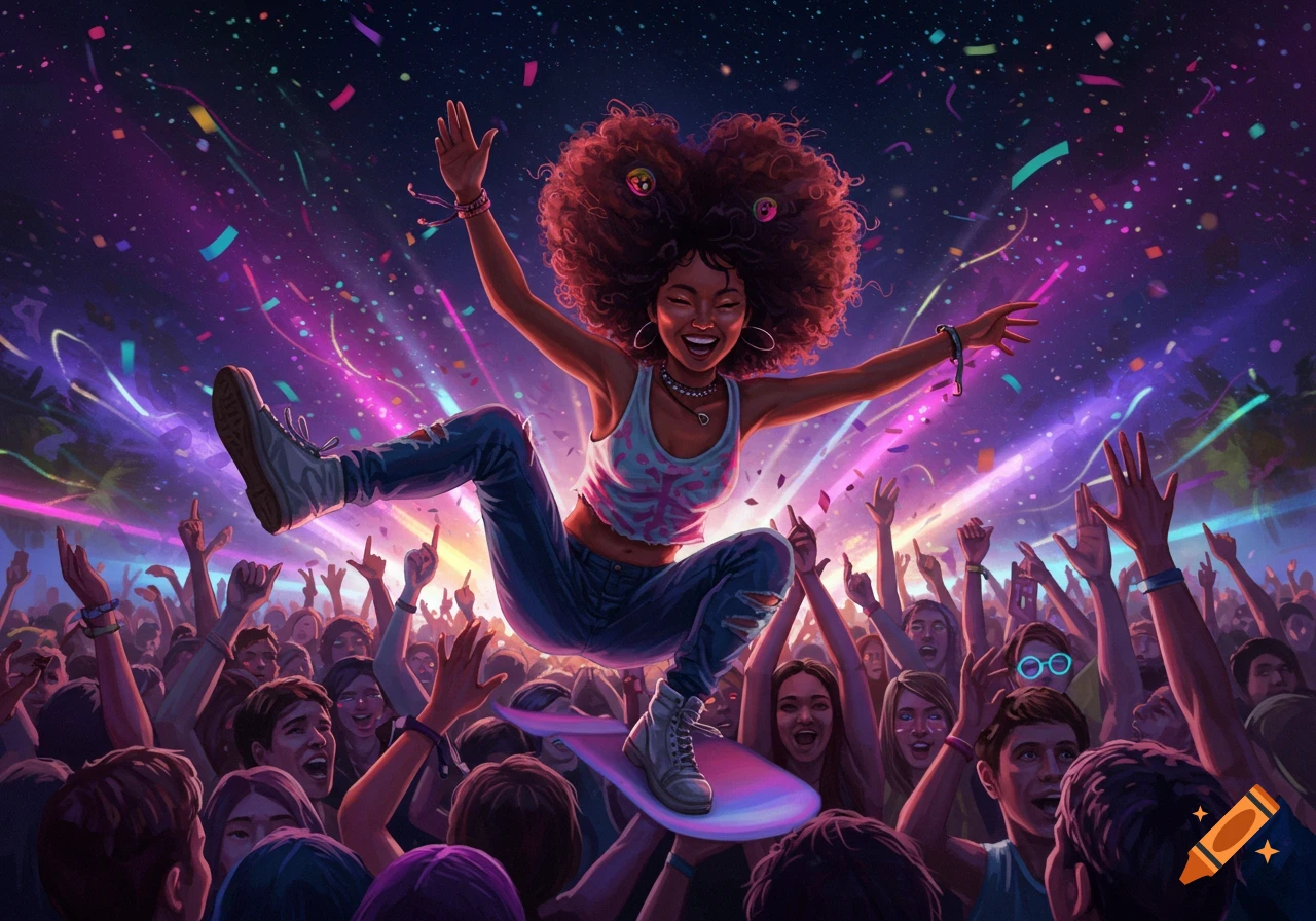 A cartoon pop star with blonde hair and a glittery purple outfit poses ...