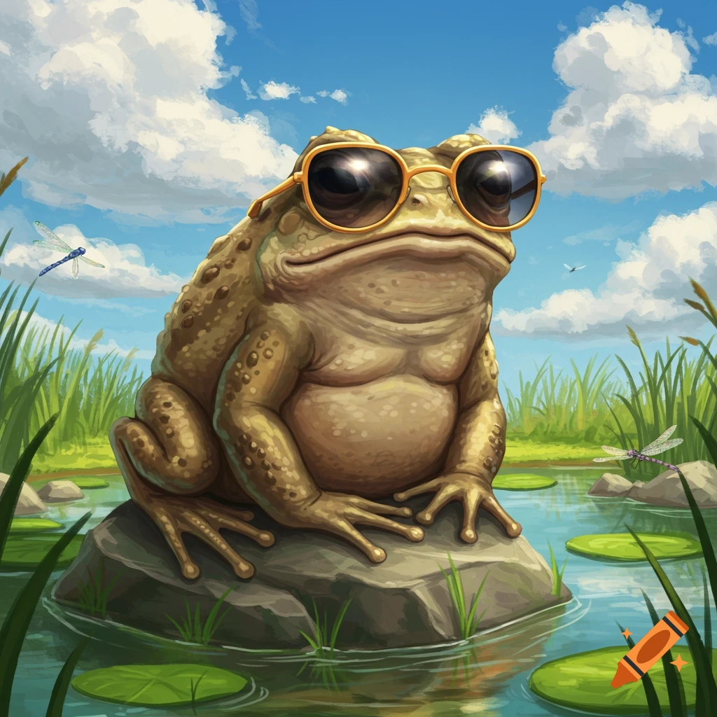 A detailed painting of a frog on a log in a swamp watching two bulls ...