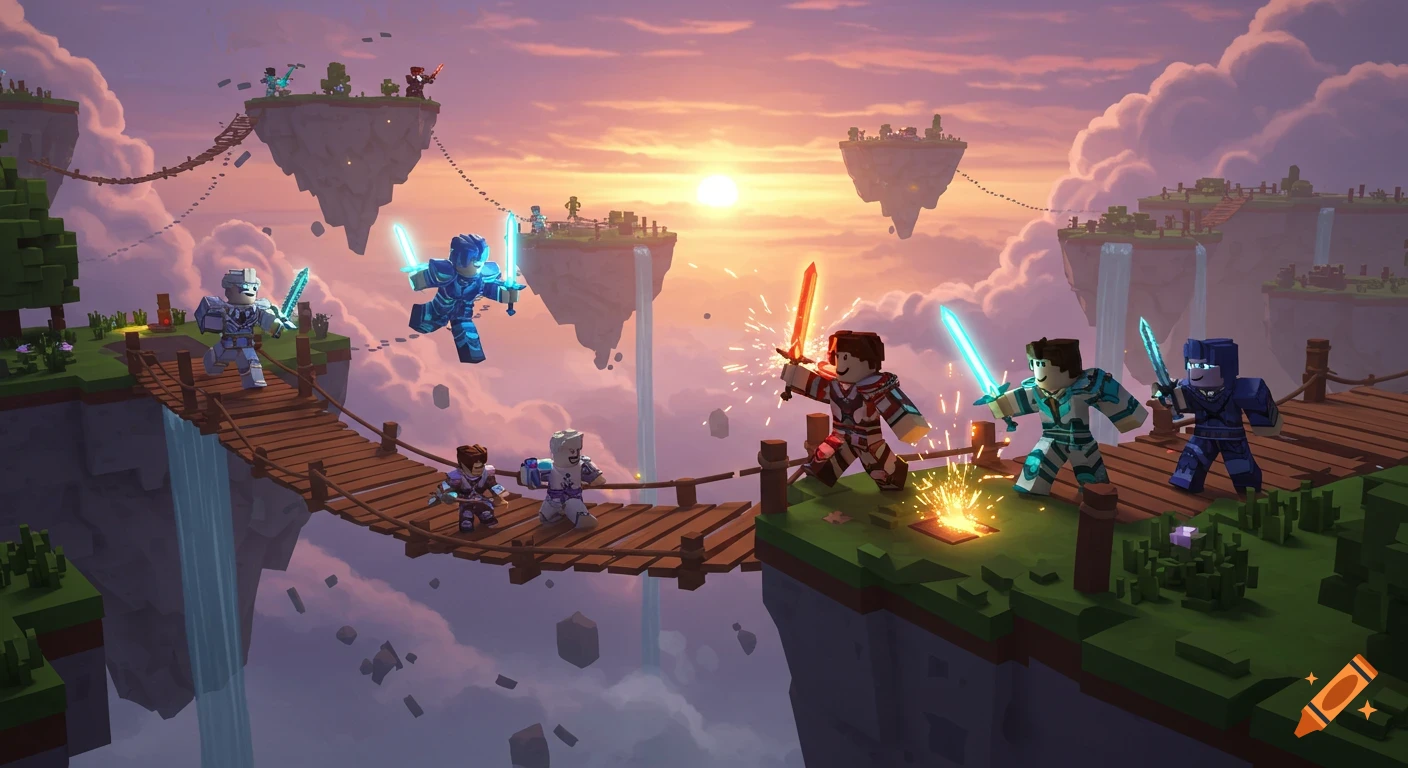 Blocky characters in Roblox style battle with glowing swords on ...