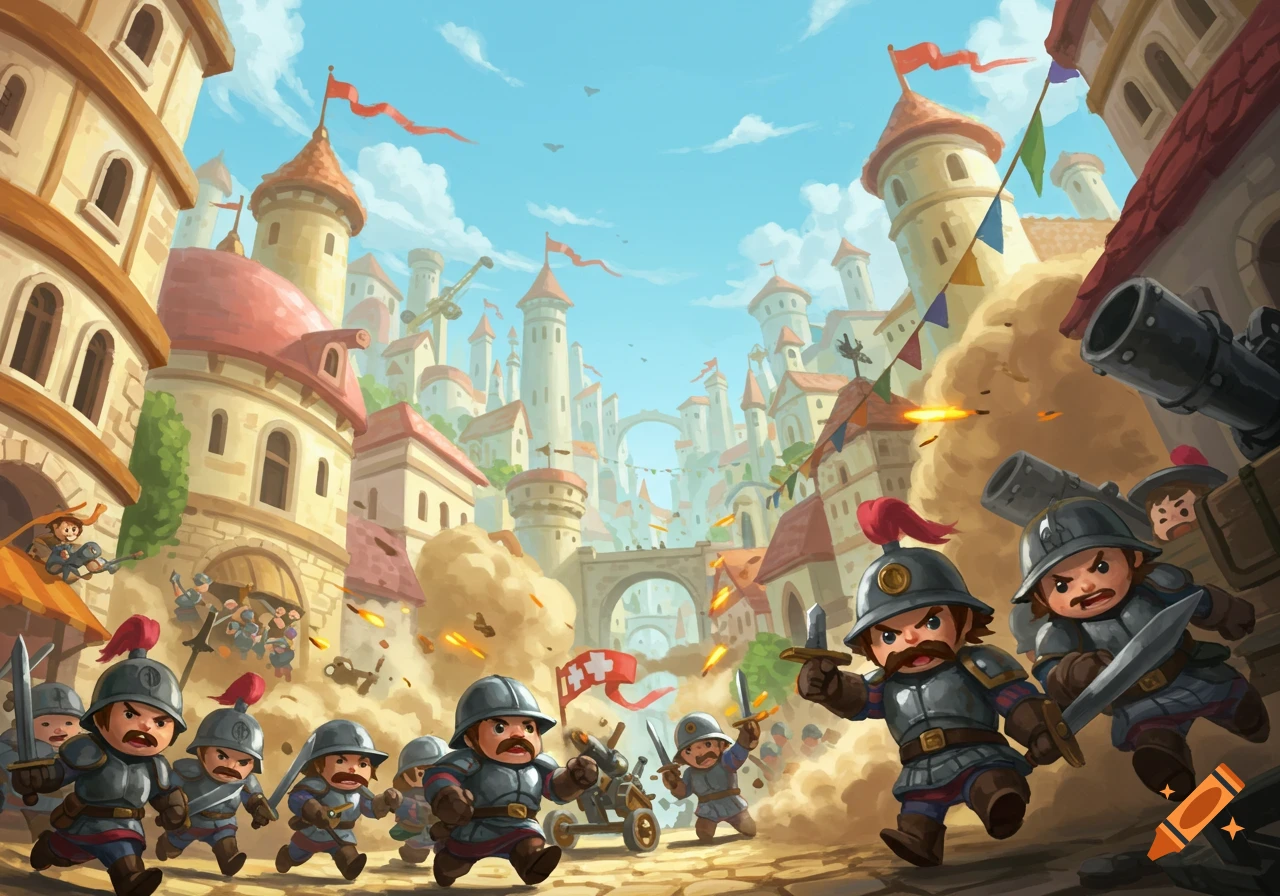 Cartoon soldiers with swords and helmets run through a city street ...