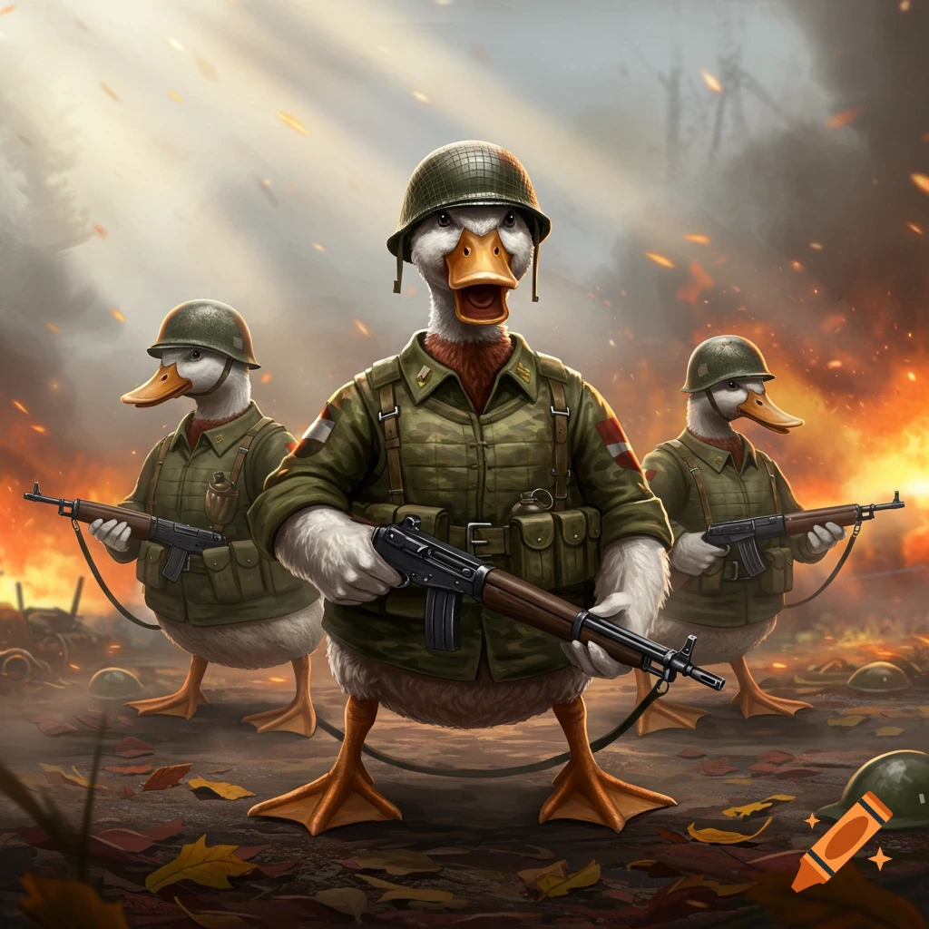 Three angry anthropomorphic ducks in military uniforms and helmets ...