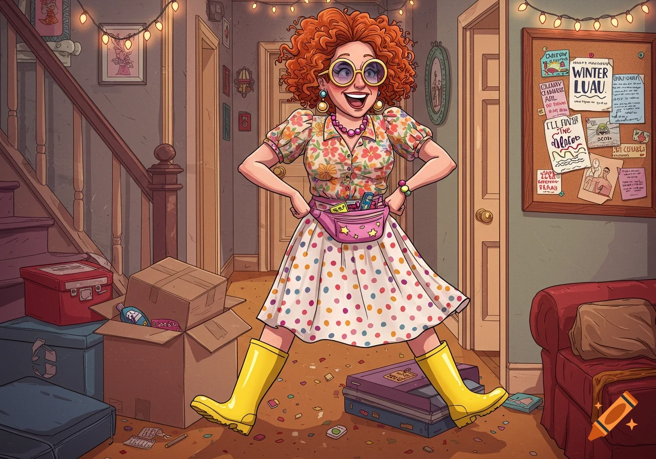 A blue cartoon toilet wearing a fedora stands in a vibrant, whimsical ...