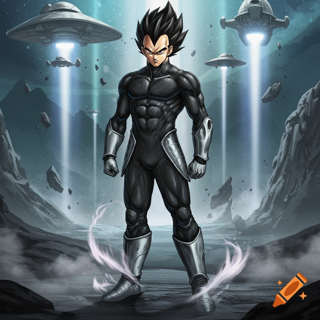 Vegeta in a black and silver alien suit stands on a rocky alien ...
