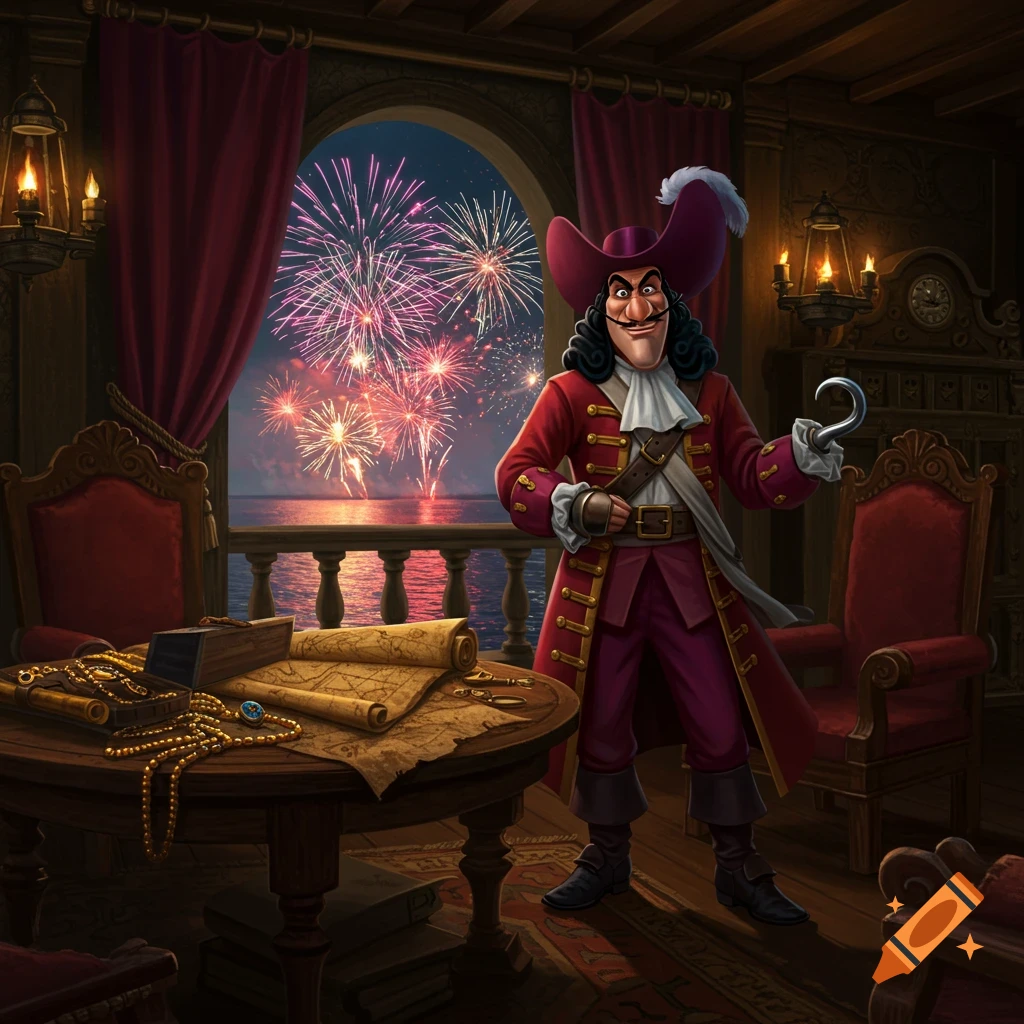 Cartoon Captain Hook in a pirate cabin, smirking and holding his hook ...