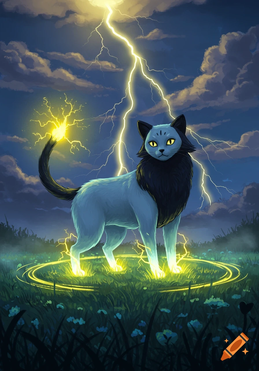 A light blue feline cat with a black mane, glowing eyes, and electrical ...