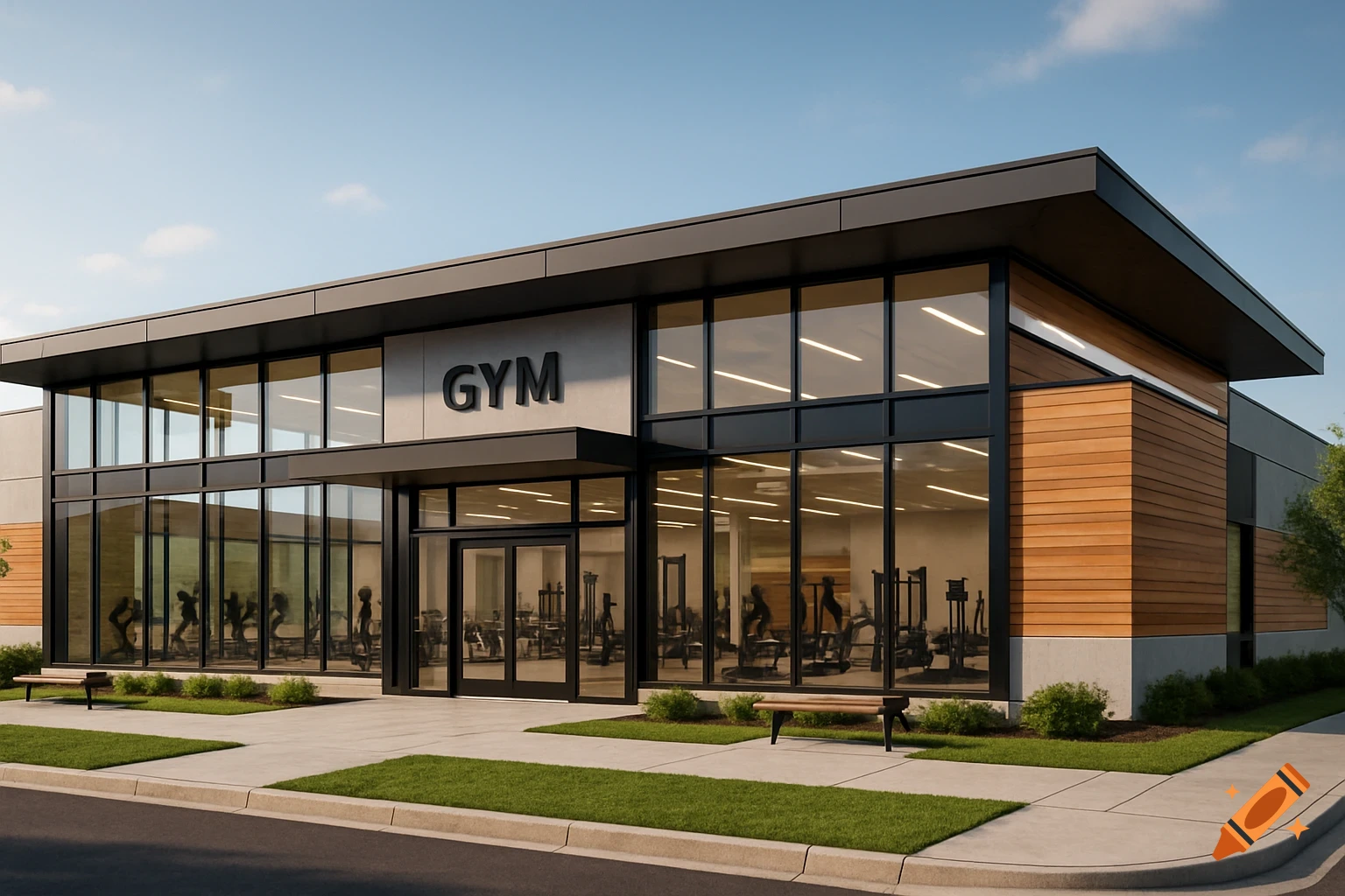 A modern gym building with large glass windows, a 'GYM' sign, and a ...