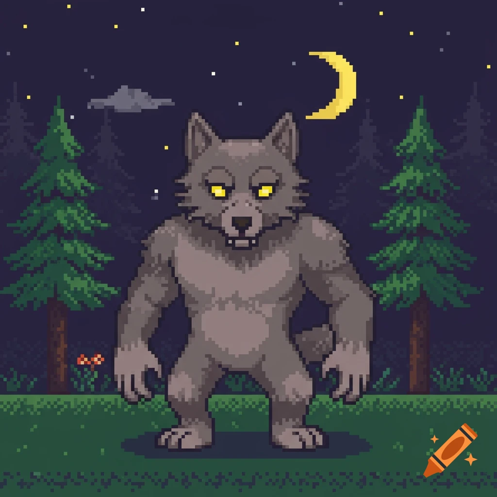 Pixel art werewolf with glowing yellow eyes stands in a dark forest at ...