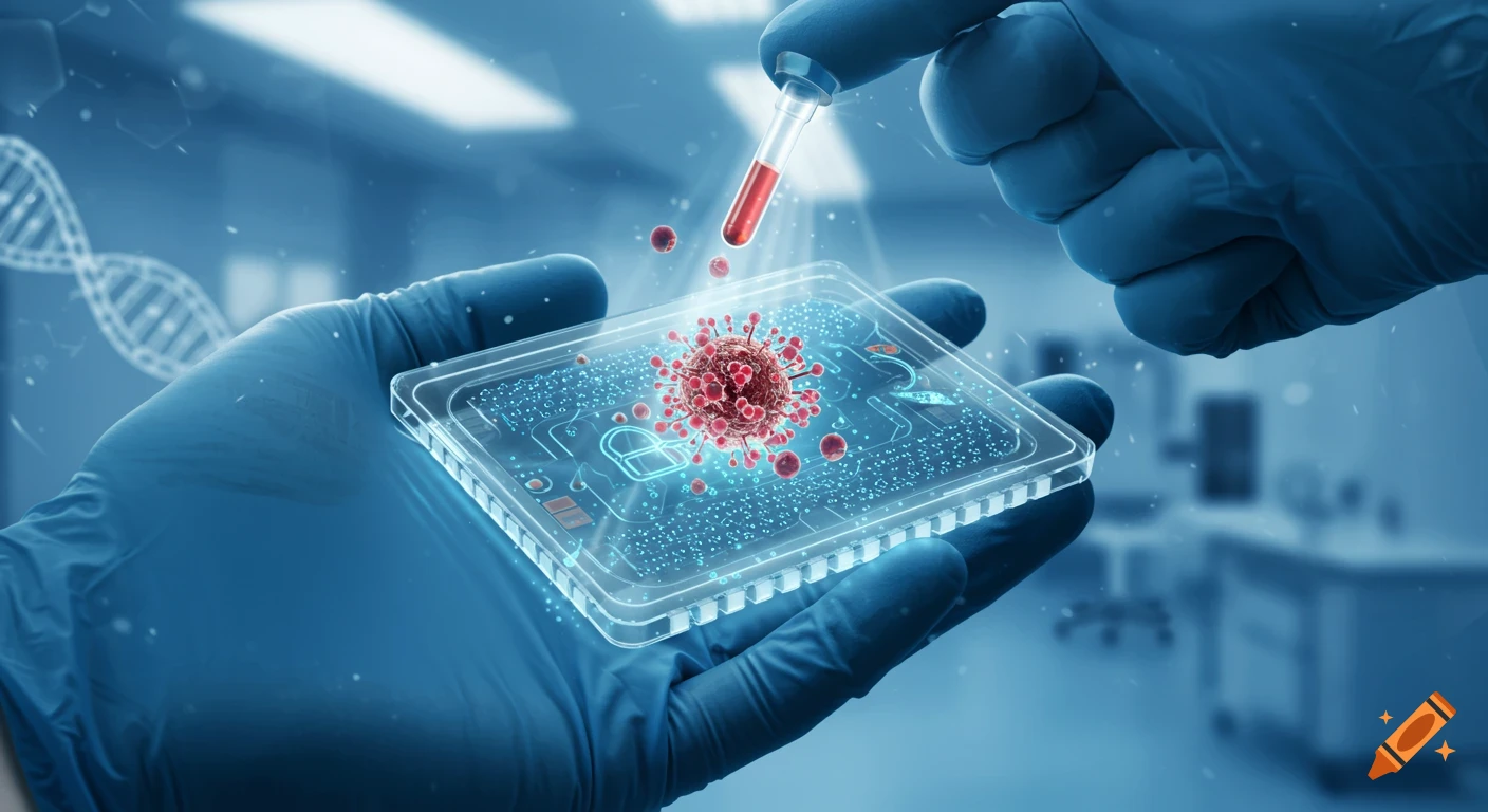 Gloved hands with a test tube and a microfluidic chip displaying a ...