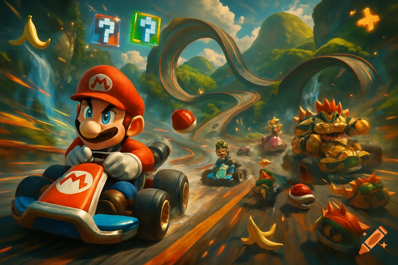 Vector style cartoon character resembling Mario driving a red go-kart ...