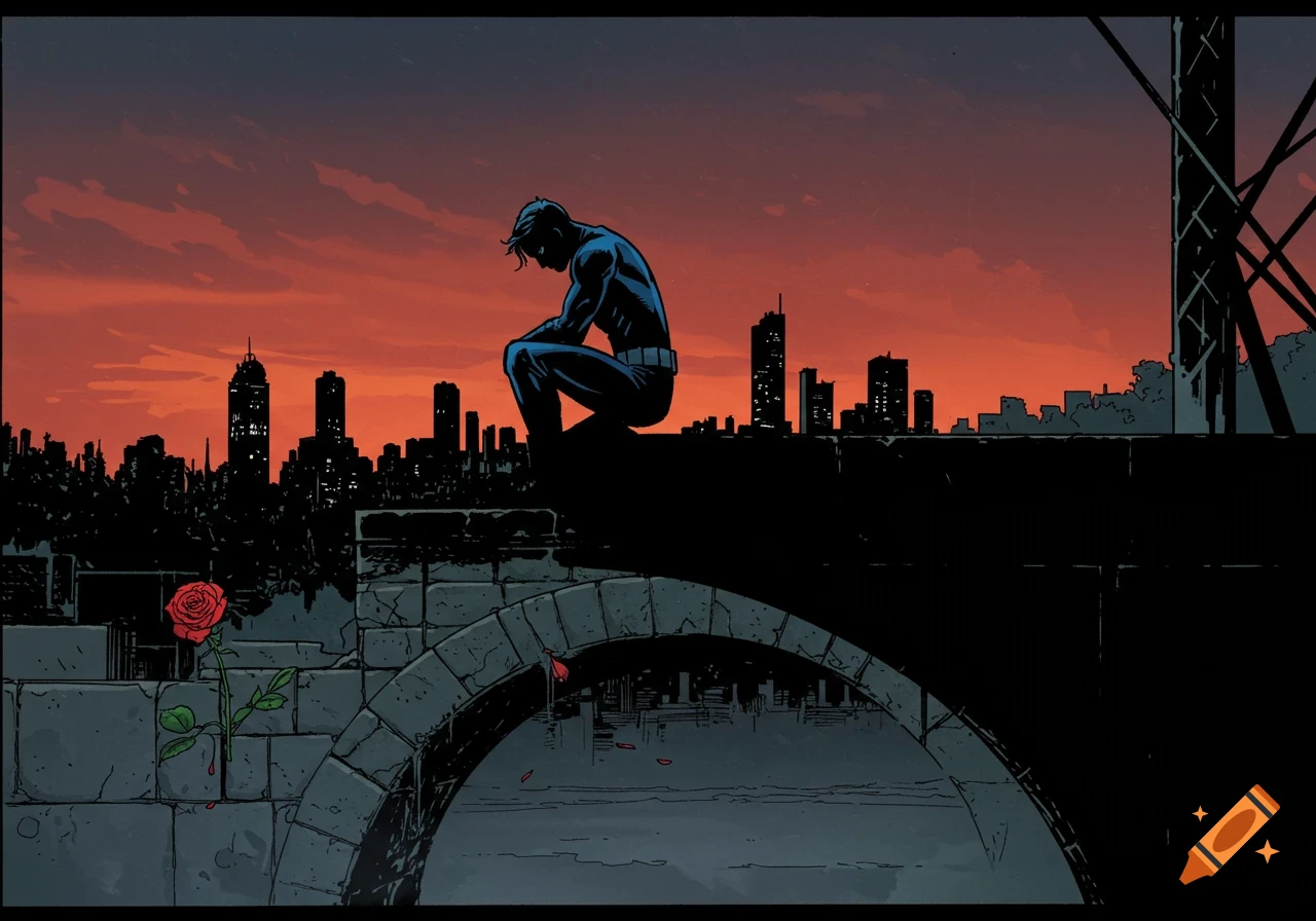 Comic book art of a somber superhero in blue perched on a stone bridge ...