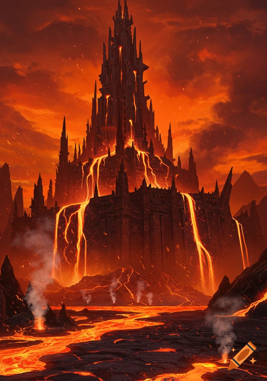 A dark, spiky fantasy castle with glowing lava flowing down its sides into a molten landscape ...