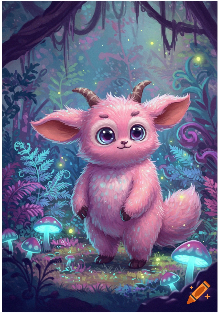 A cute pink furry creature with horns and large eyes stands in a ...