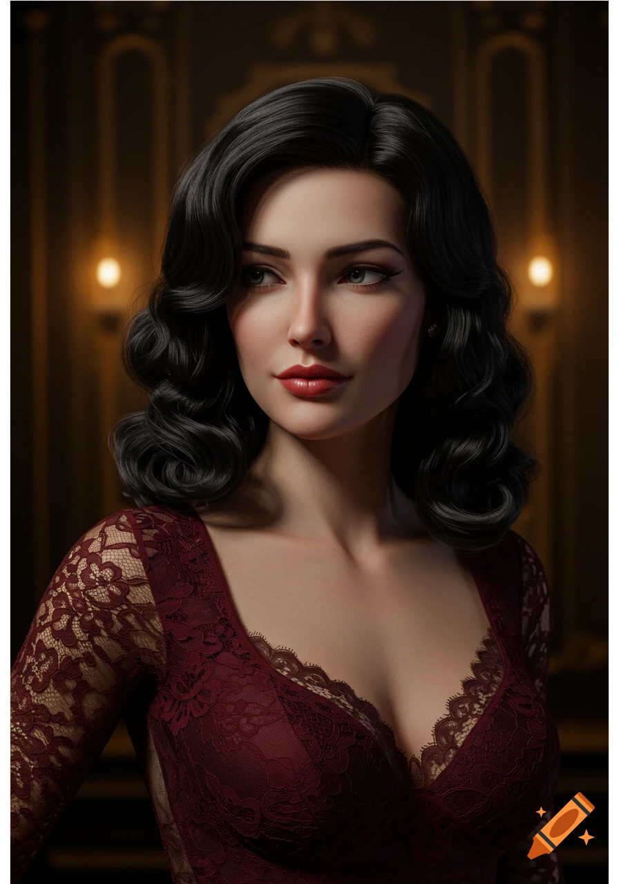 A photorealistic portrait of a woman with dark hair in a black dress ...