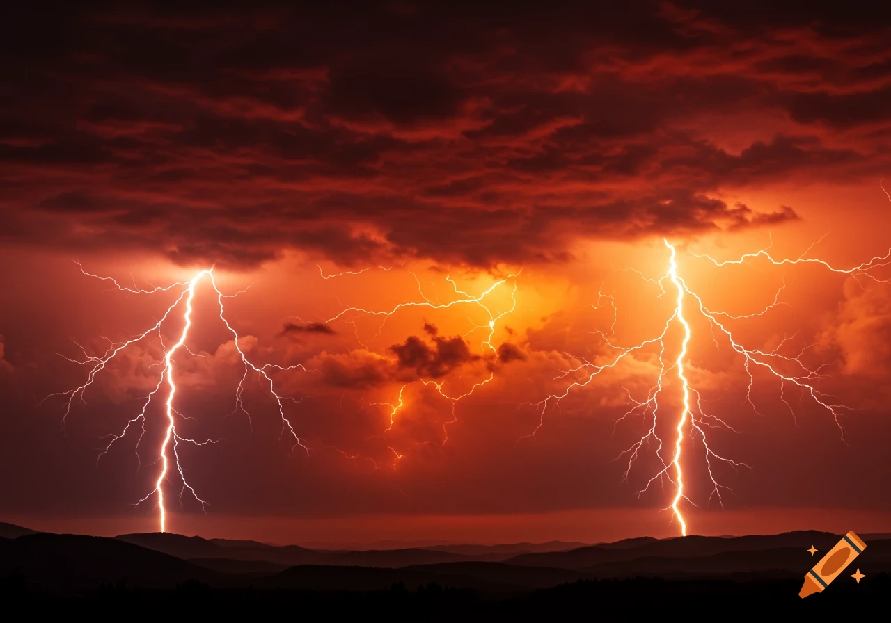 Dramatic lightning strikes illuminate a red and orange stormy sky over ...