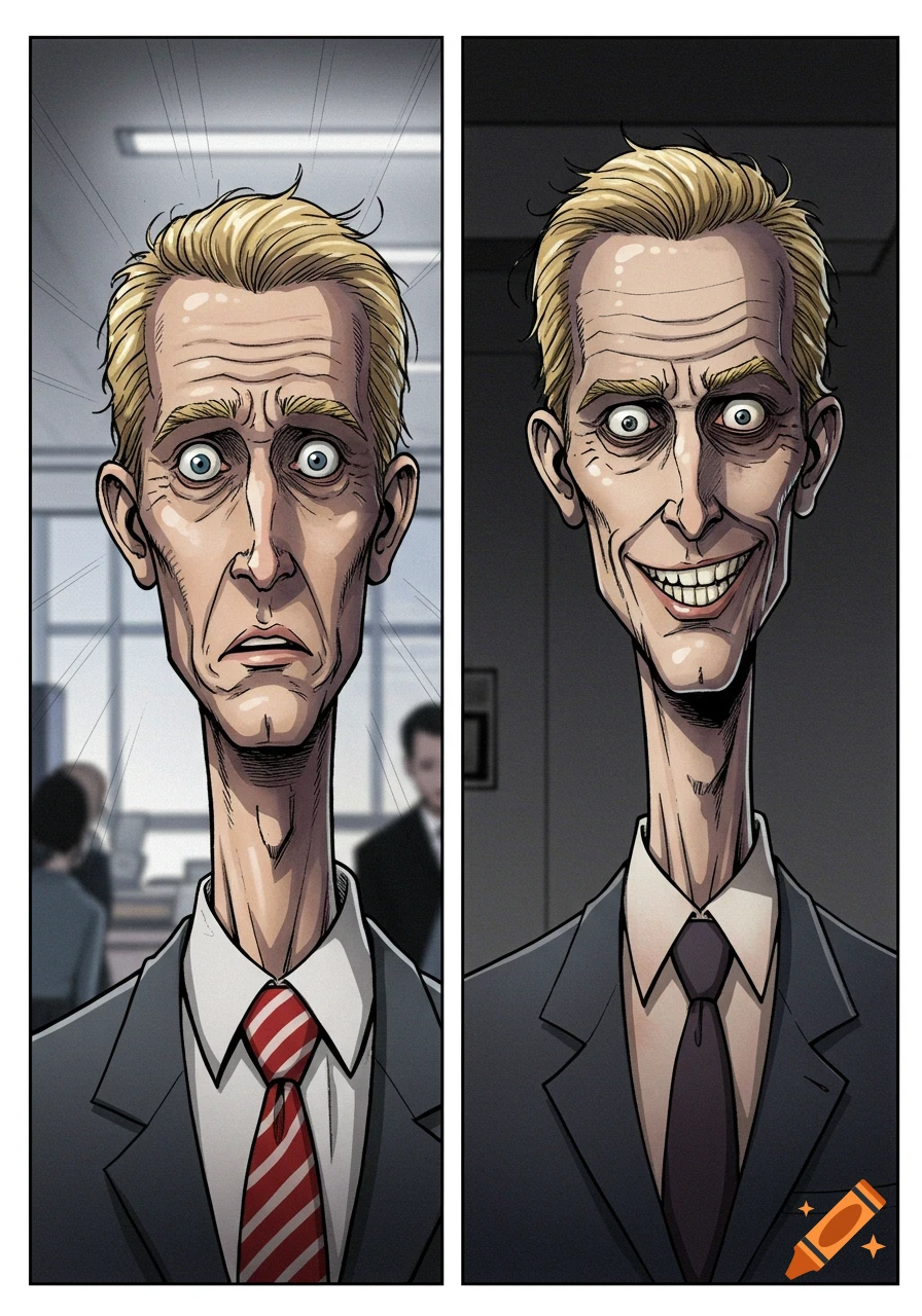 Two manga-style panels show a gaunt businessman. The left panel shows ...