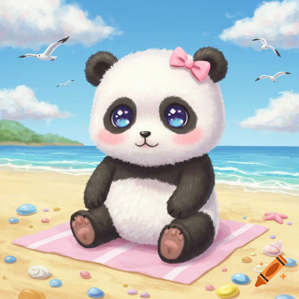 A cute kawaii panda with a pink bow sits on a striped beach towel on a ...