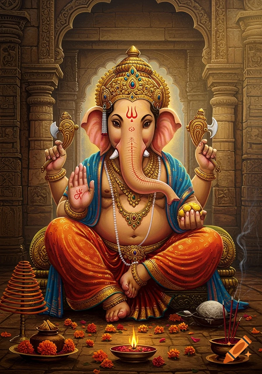 Vibrant depiction of Lord Muruga with four arms, holding a spear ...