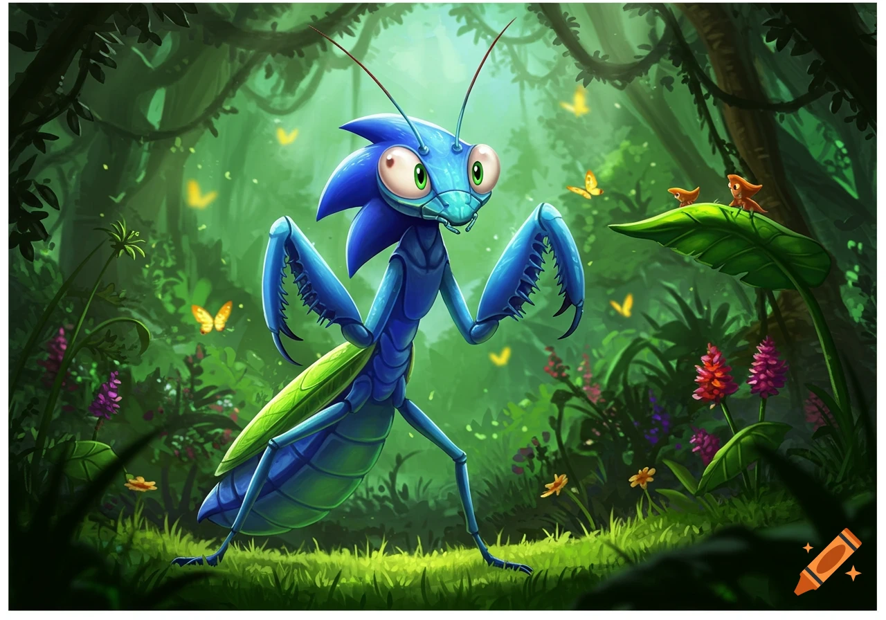 A vibrant, cartoonish illustration of a blue praying mantis with Sonic ...