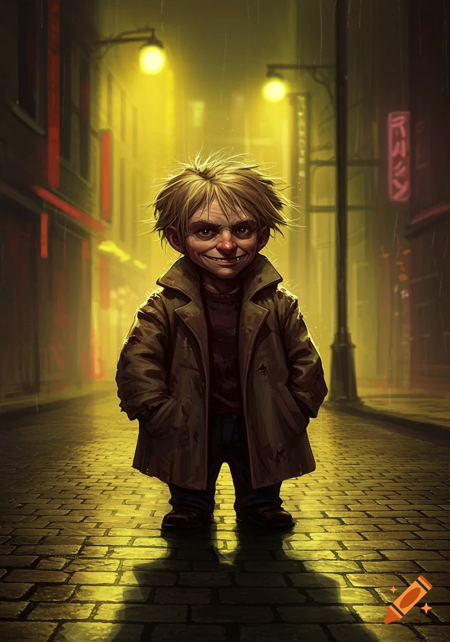 A grotesque short man with messy blond hair and an unsettling grin ...