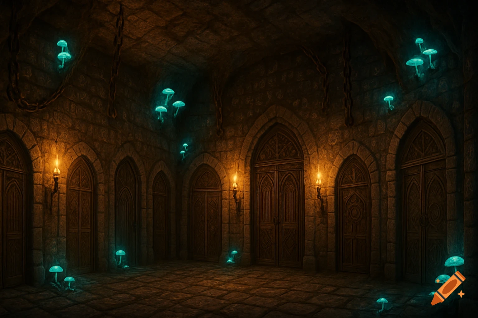 A dark, torch-lit stone dungeon passage with two doors, a small river ...