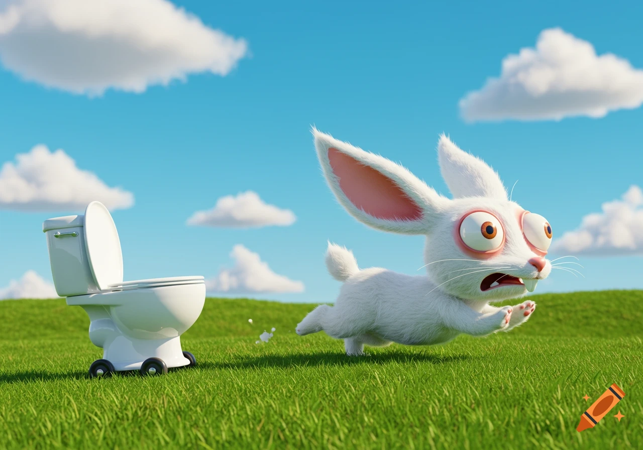 A wide-eyed white cartoon rabbit runs across a green field, chasing a ...