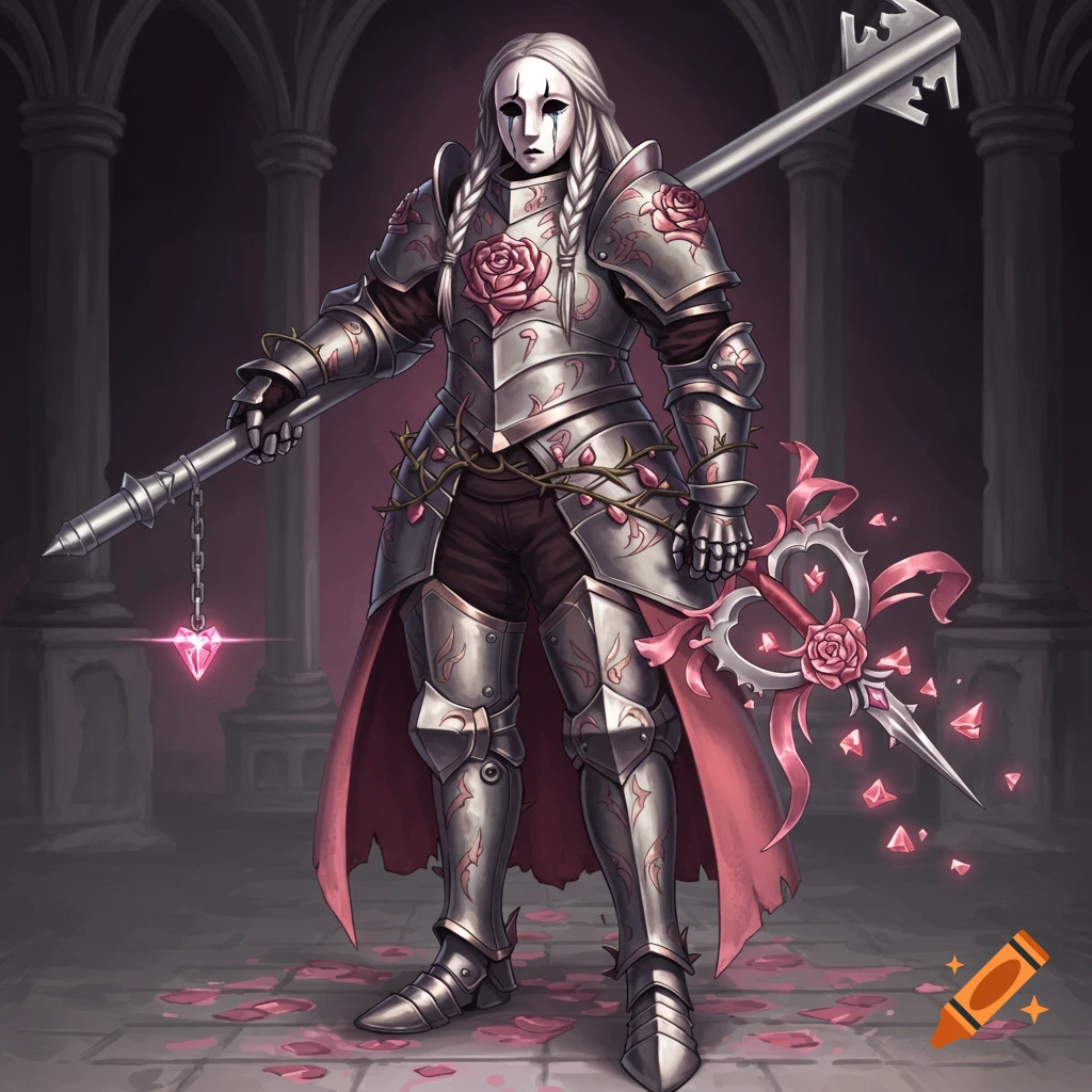 A masked knight in ornate silver and rose armor, adorned with roses and ...