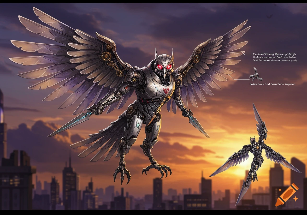 A detailed robotic owl-like knight with metal wings and glowing red ...