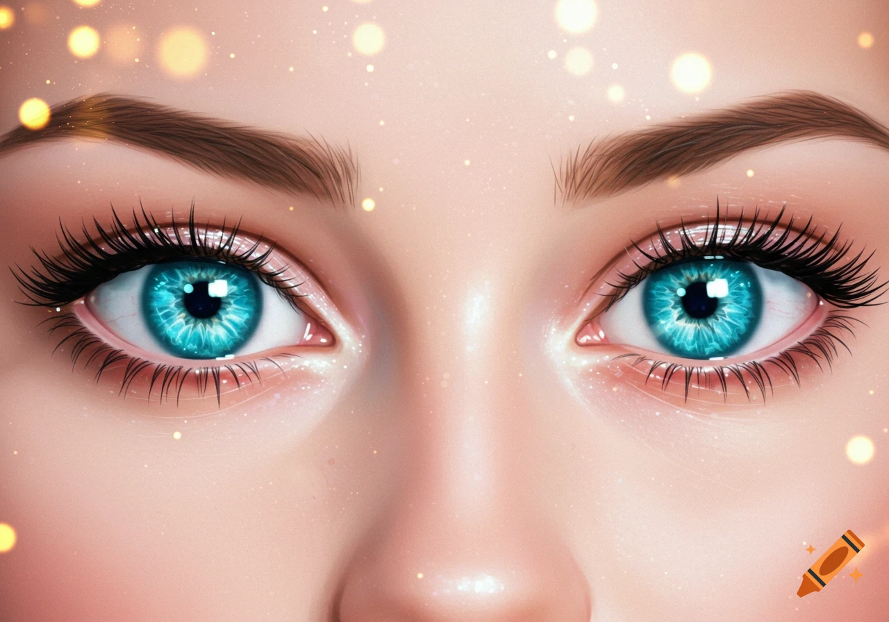 Close-up of bright blue eyes with long eyelashes and sparkling light effects against a soft ...