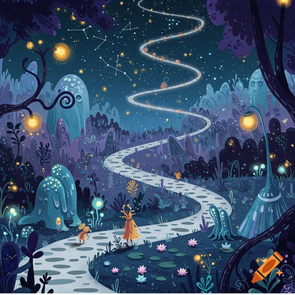 Stylized illustration of two small figures walking on a winding path ...