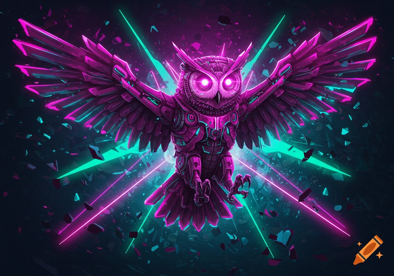 A pixel art Duolingo owl in a vibrant neon digital cityscape with ...