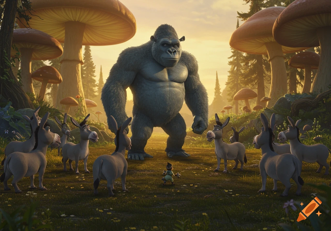 A massive gorilla, donkeys, and a tiny figure gather in a magical forest with giant mushrooms ...
