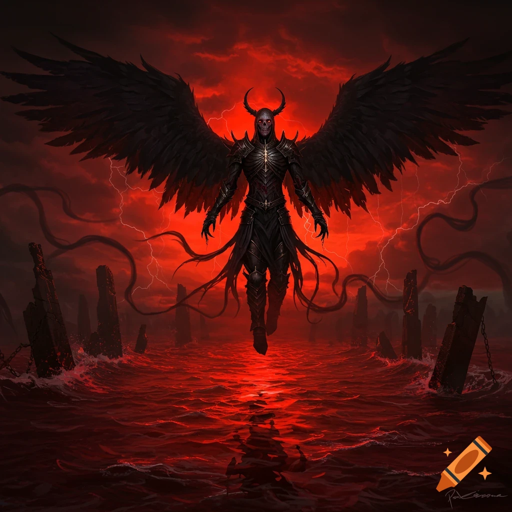 A formidable dark horned angel with large black wings floats above a ...