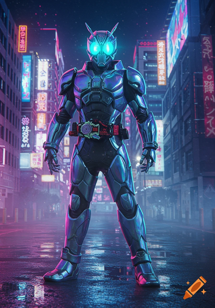 A metallic Kamen Rider character with glowing blue eyes stands on a wet ...
