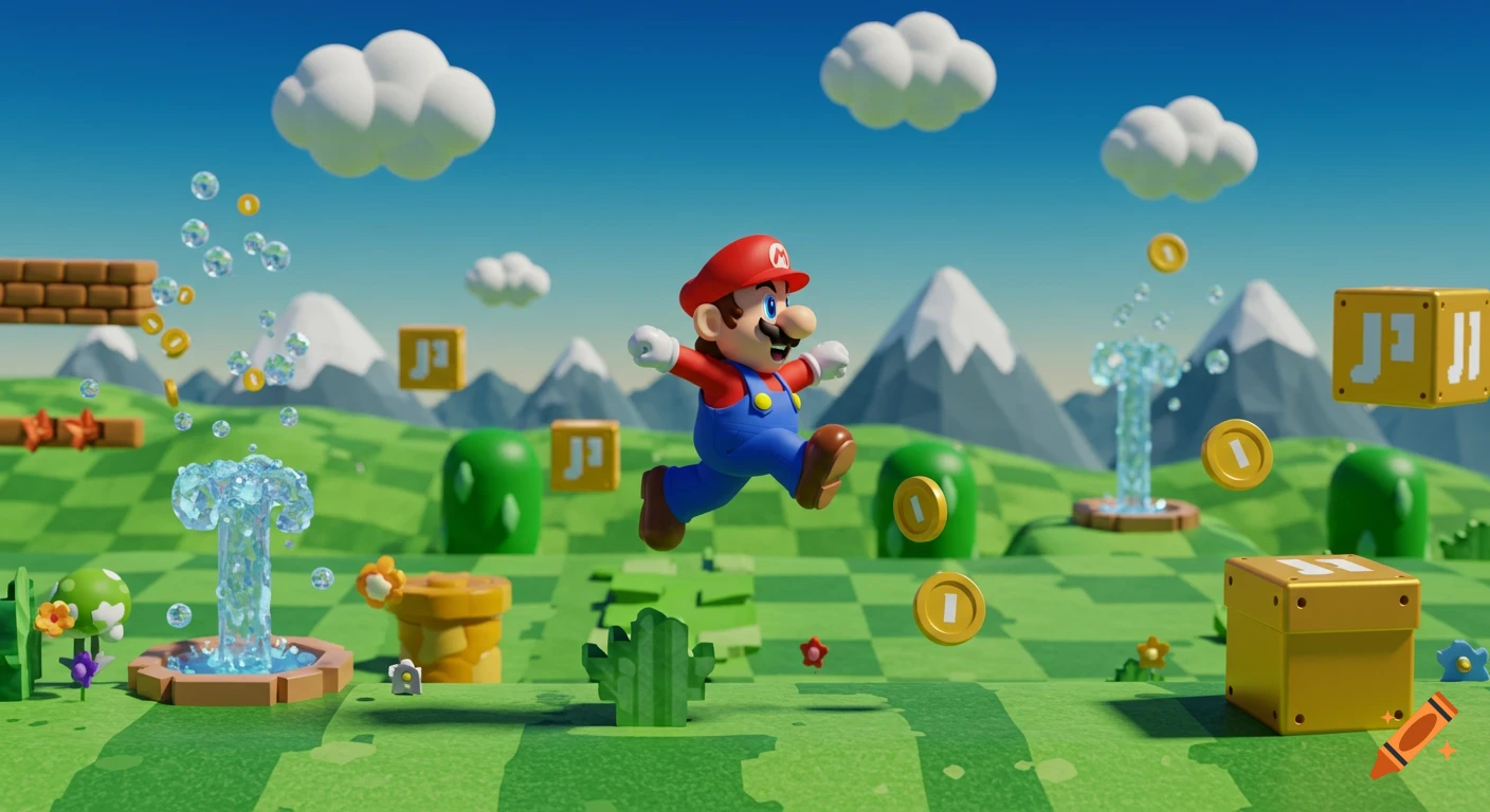3D render of Super Mario jumping over a cactus in a colorful platformer ...