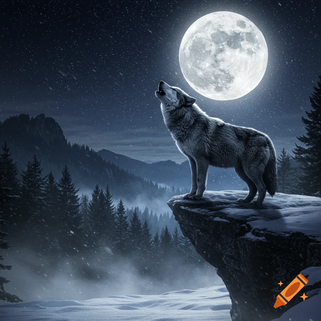 A photorealistic wolf howls on a snowy cliff under a large full moon in ...