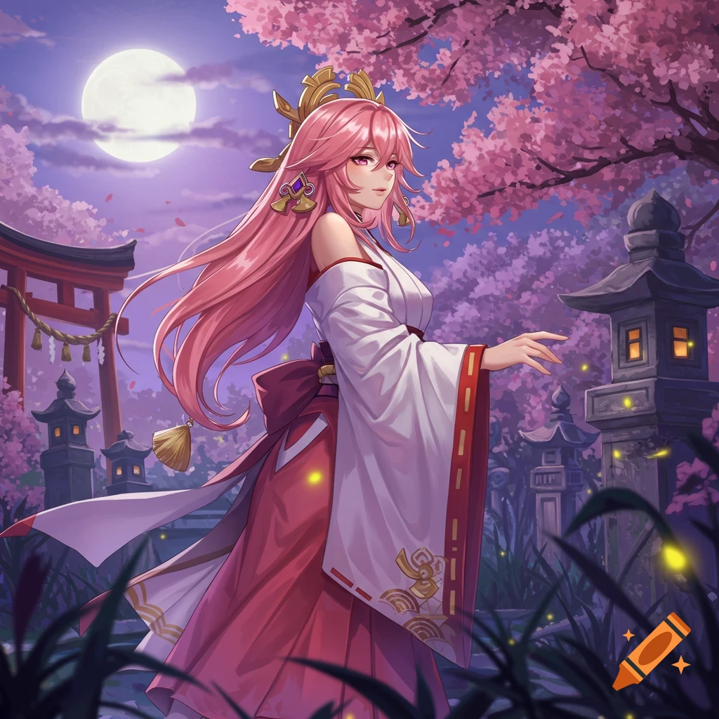 An anime woman with pink hair in traditional white and red attire ...