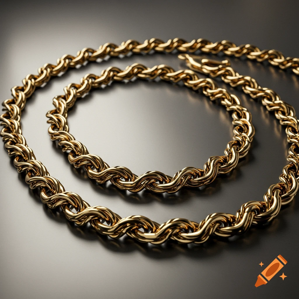 Close-up of a unique twisted rope gold chain necklace on a dark surface ...