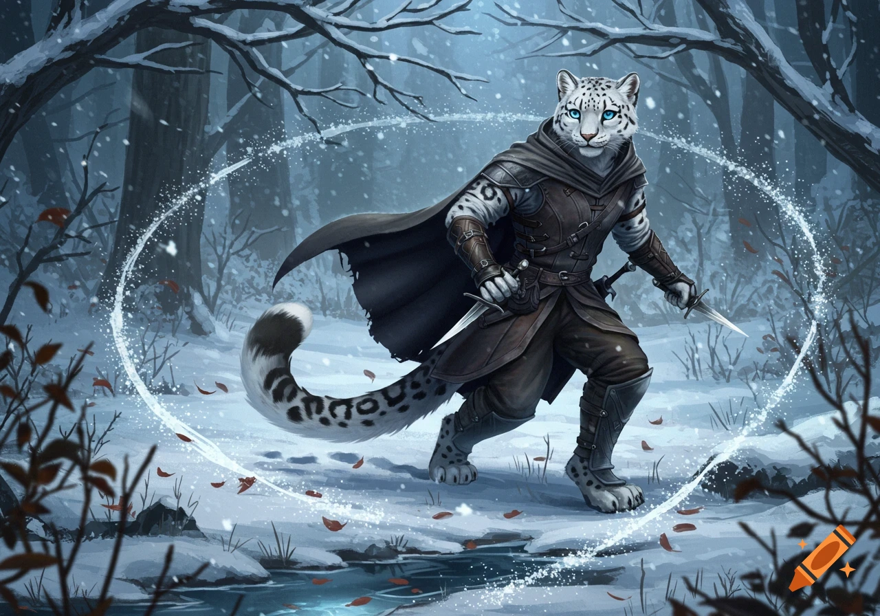 A snow leopard tabaxi rogue in leather armor holds daggers, surrounded ...