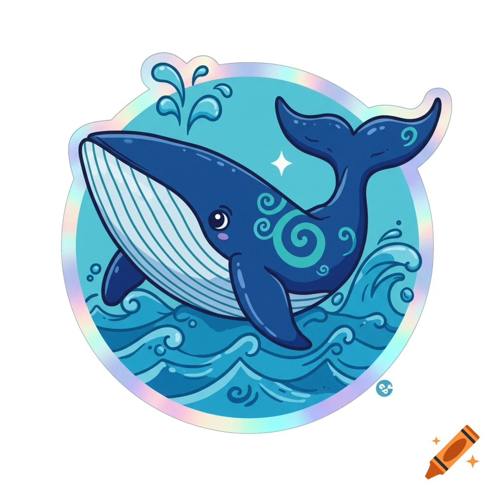 A cute blue cartoon whale with swirls swimming in blue waves within a ...