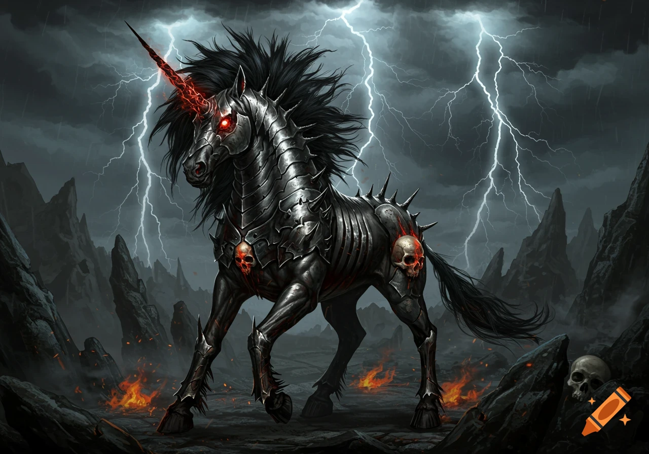 A dark, armored unicorn with red eyes and a glowing red horn stands in ...