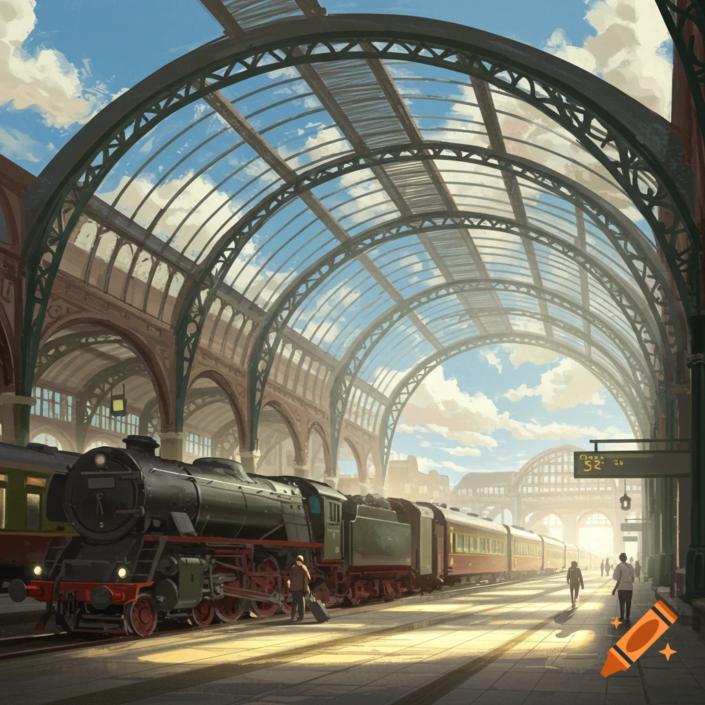 A vintage train under the arched glass roof of a sunlit station, with ...