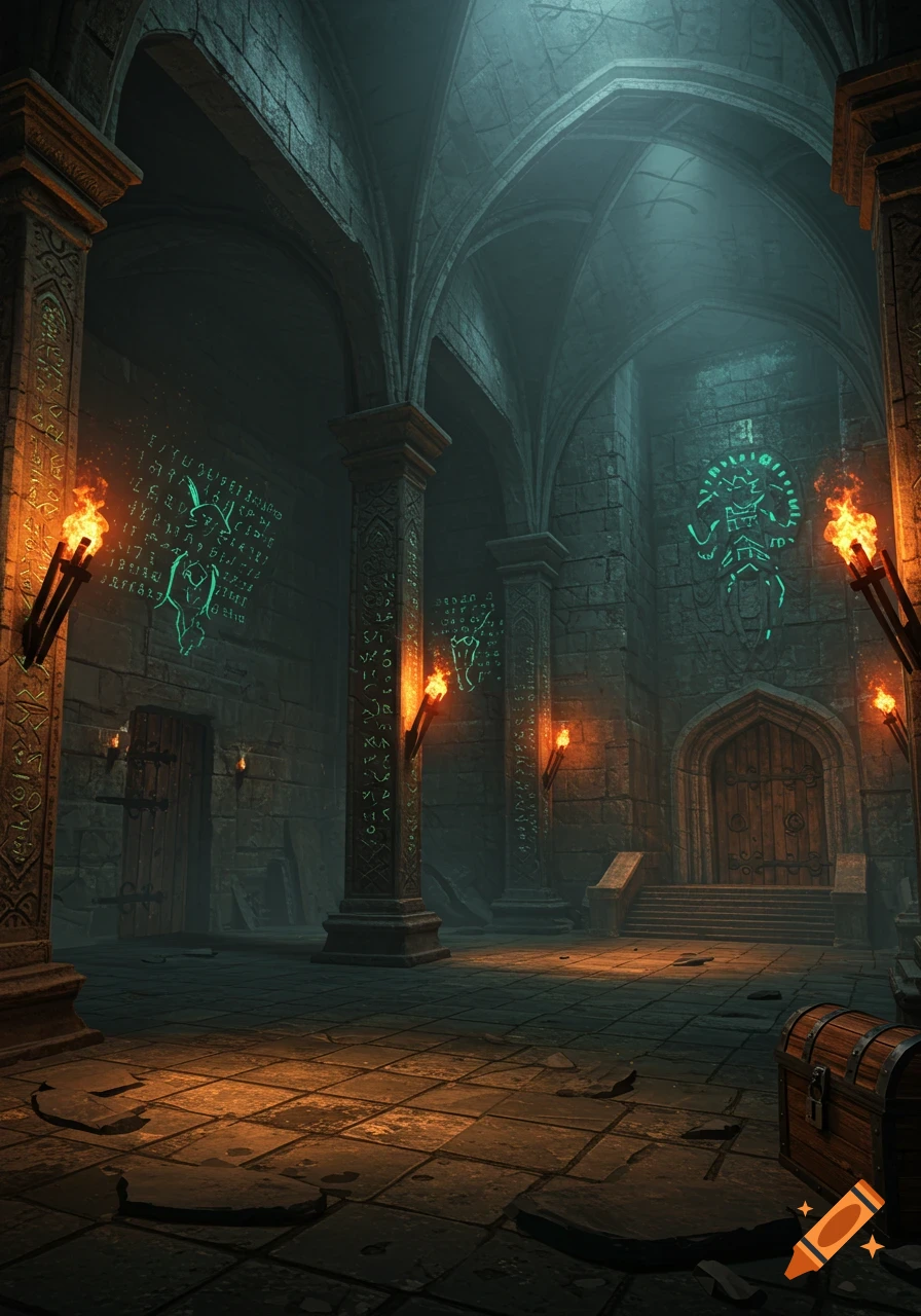 A dark, atmospheric dungeon hall with vaulted ceilings, stone pillars ...