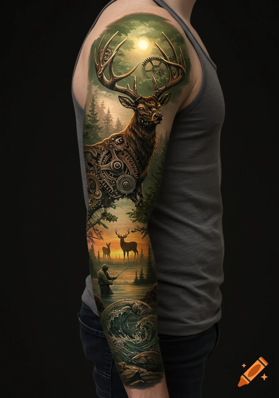 Detailed full leg tattoos: left leg shows mountains and a forest; right ...